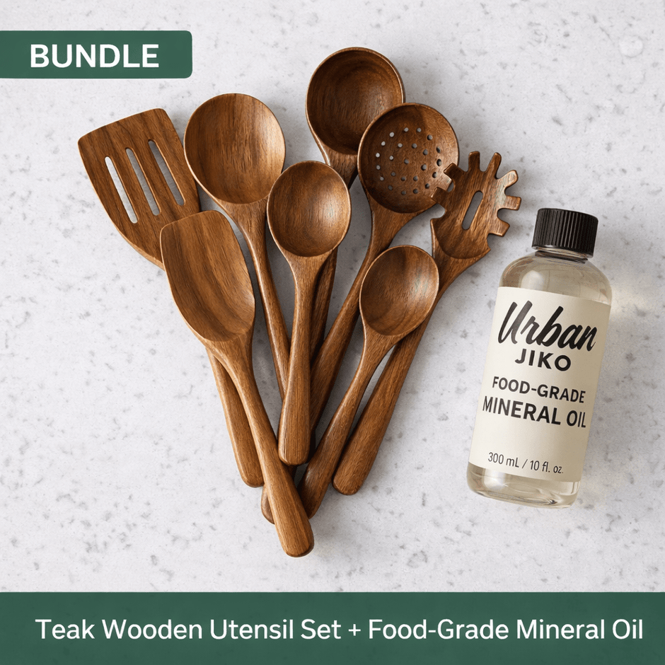 Teak Wooden Utensil Set + Mineral Oil Bundle